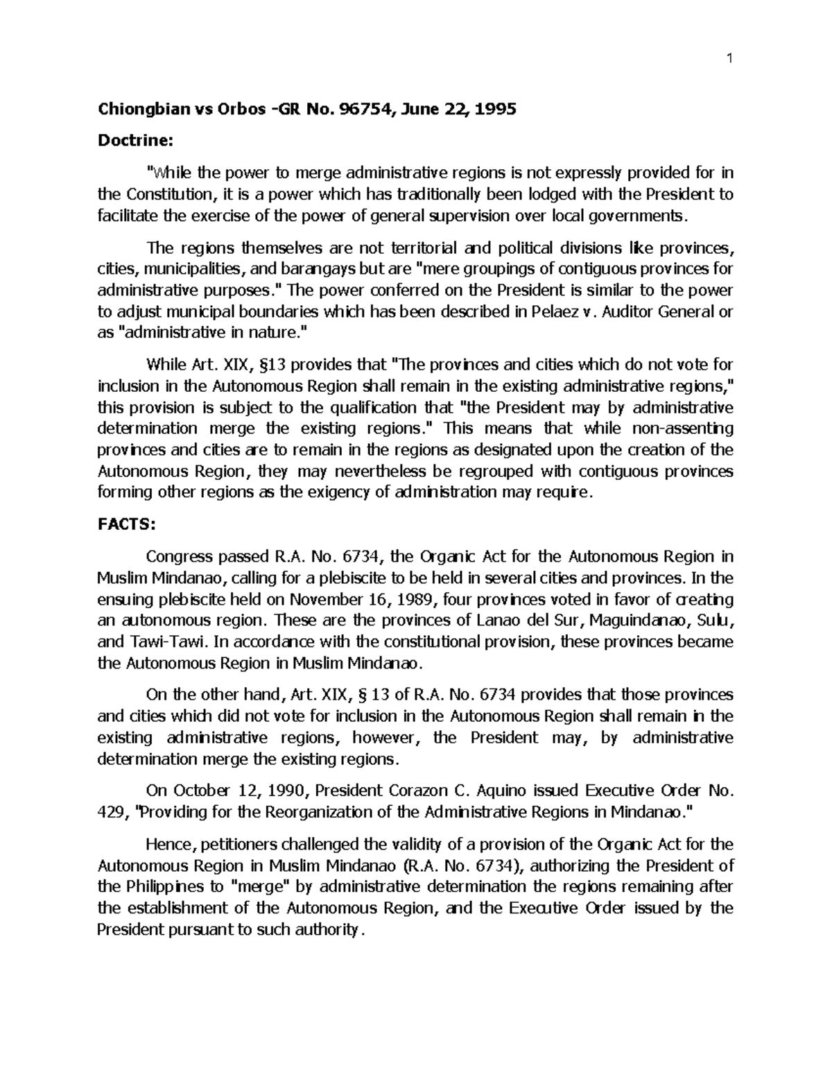 1. Chiongbian V Orbos,245 SCRA 253 - Chiongbian vs Orbos - GR No. 96754 ...