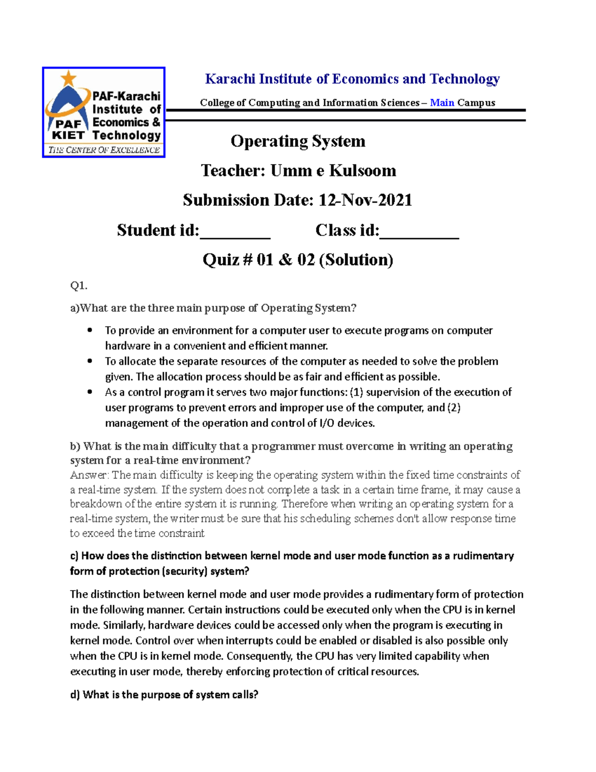 Quiz 1 and 2 soln - Quiz 1 and 2 soln - qQu Karachi Institute of ...