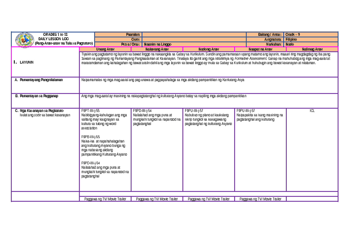 Aralin 6 - Dll for grade 9 filipino - GRADES 1 to 12 DAILY LESSON LOG ...