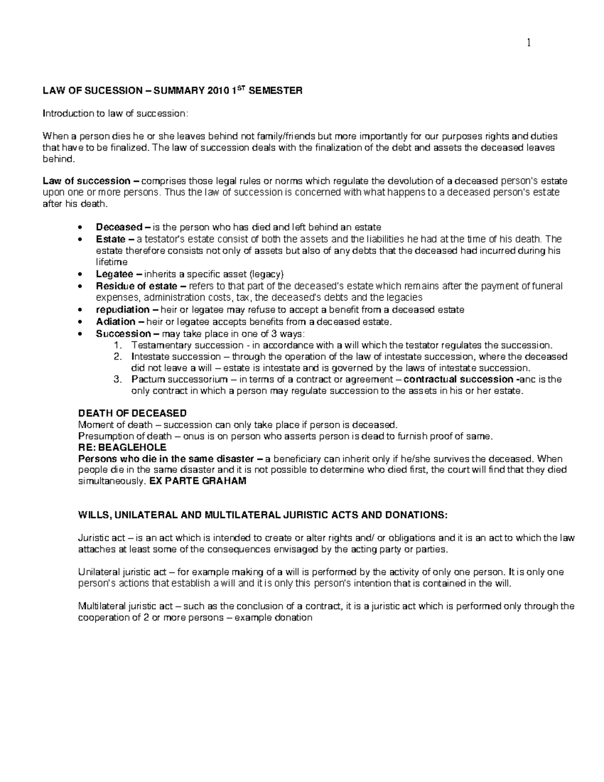 PVL2602 summary law of sucession - LAW OF SUCESSION – SUMMARY 2010 1ST ...