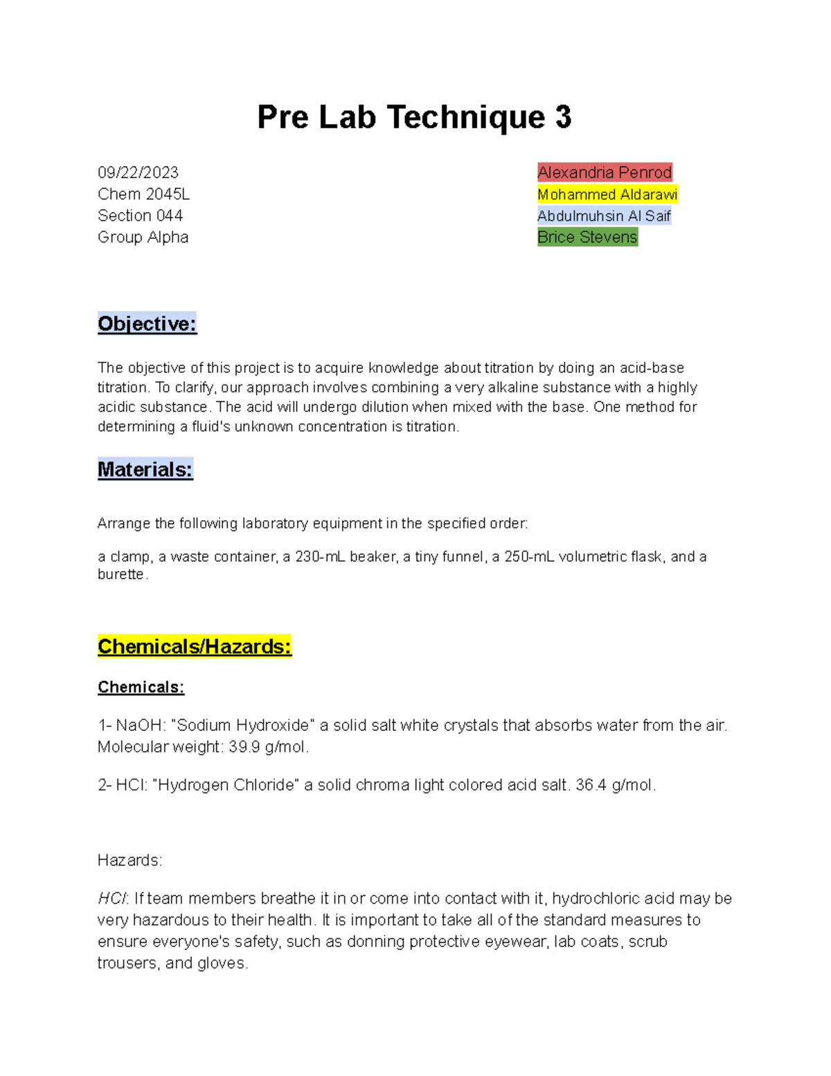 Lab technique 3 - Pre Lab Technique 3 09/22/2023 Alexandria Penrod Chem 2045L Mohammed Aldarawi ...