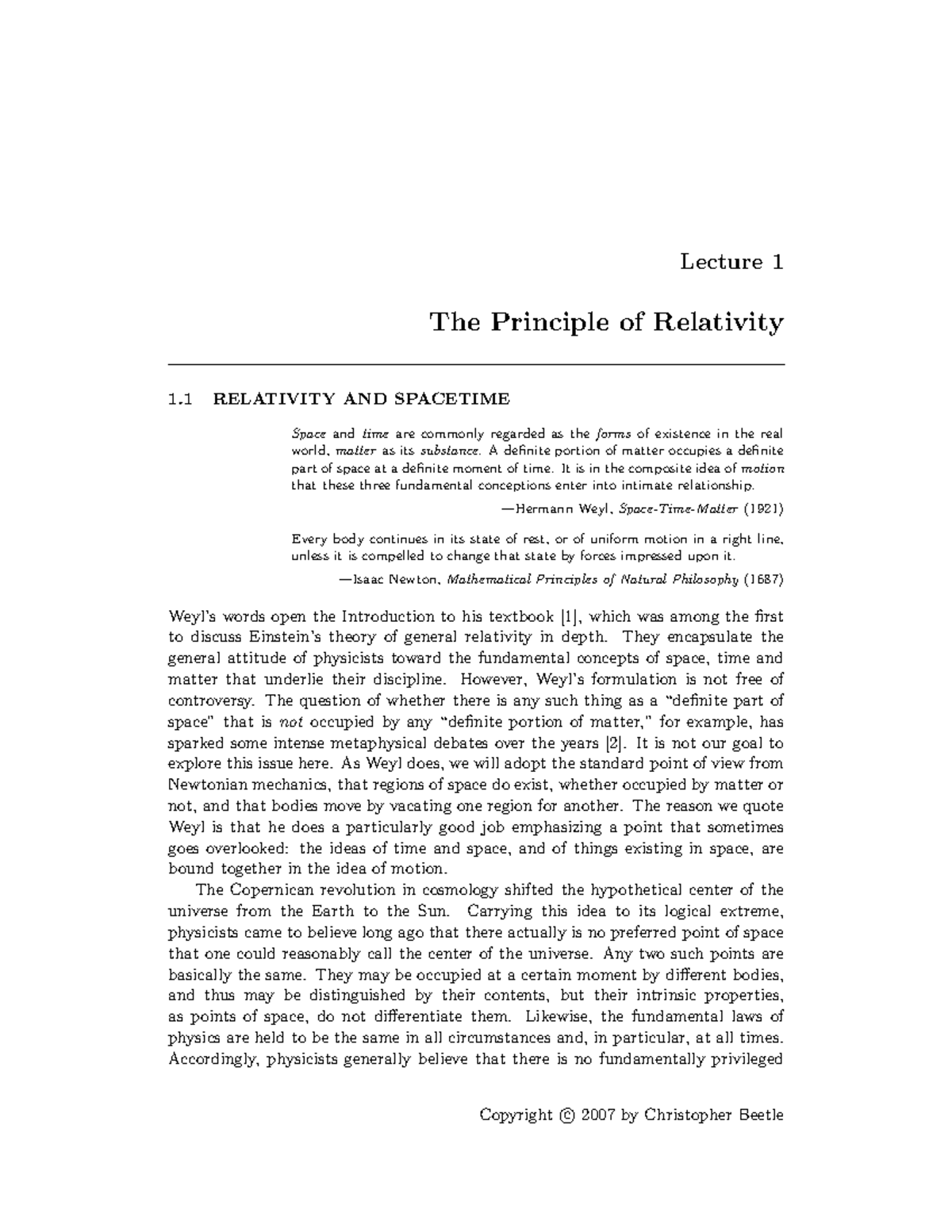 Lecture 1 - Lecture 1 The Principle of Relativity 1 RELATIVITY AND ...