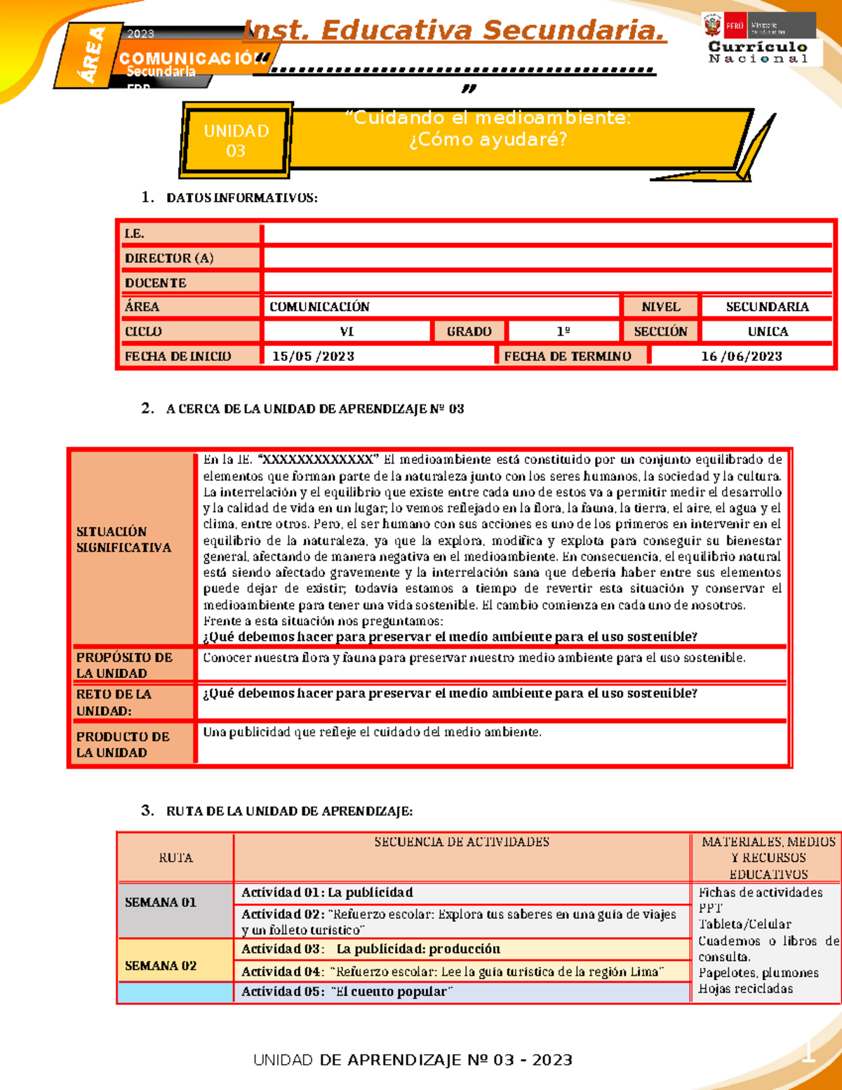 1° Unidad 3 - sdsdsds - COMUNICACIÓN ÁREA Secundaria EBR 2023 Inst ...