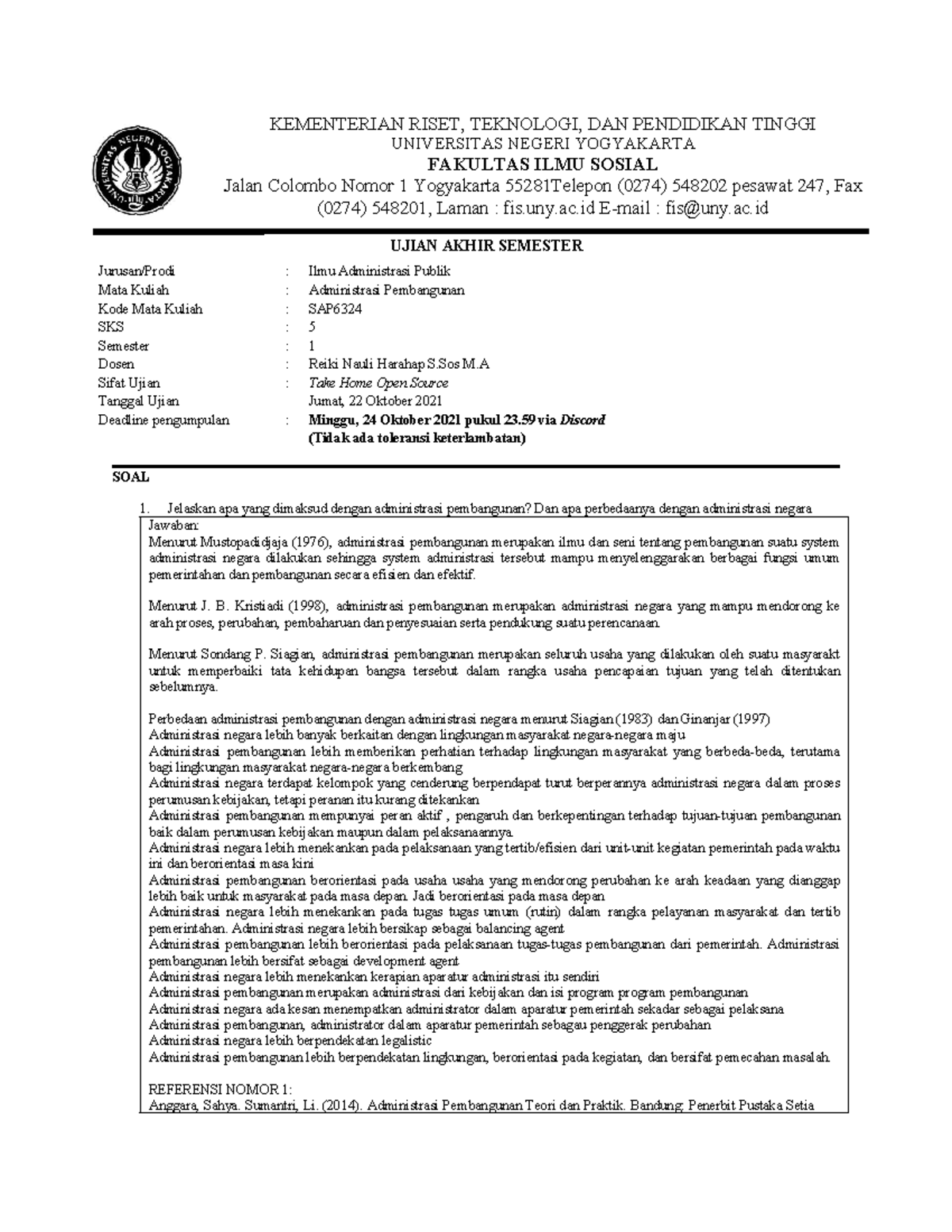 UAS Administrasi Pembangunan - KEMENTERIAN RISET, TEKNOLOGI, DAN ...