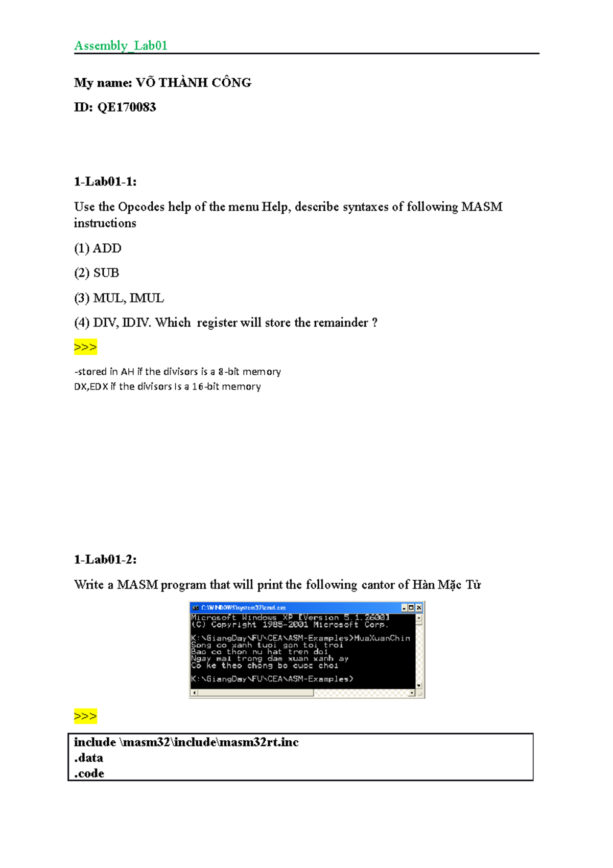 8 LAB01 Assembly 01 Vo Thanh Cong QE170083 - My name: VÕ THÀNH CÔNG ID ...