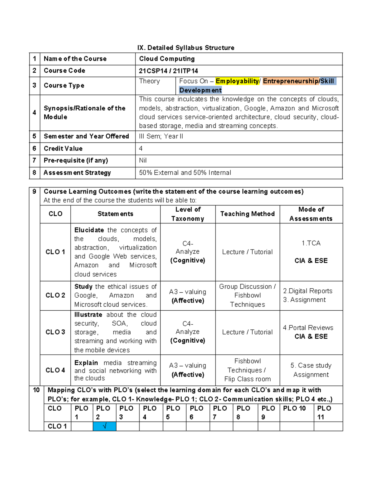 Sylabus of Cloud computing - IX. Detailed Syllabus Structure 1 Name of ...
