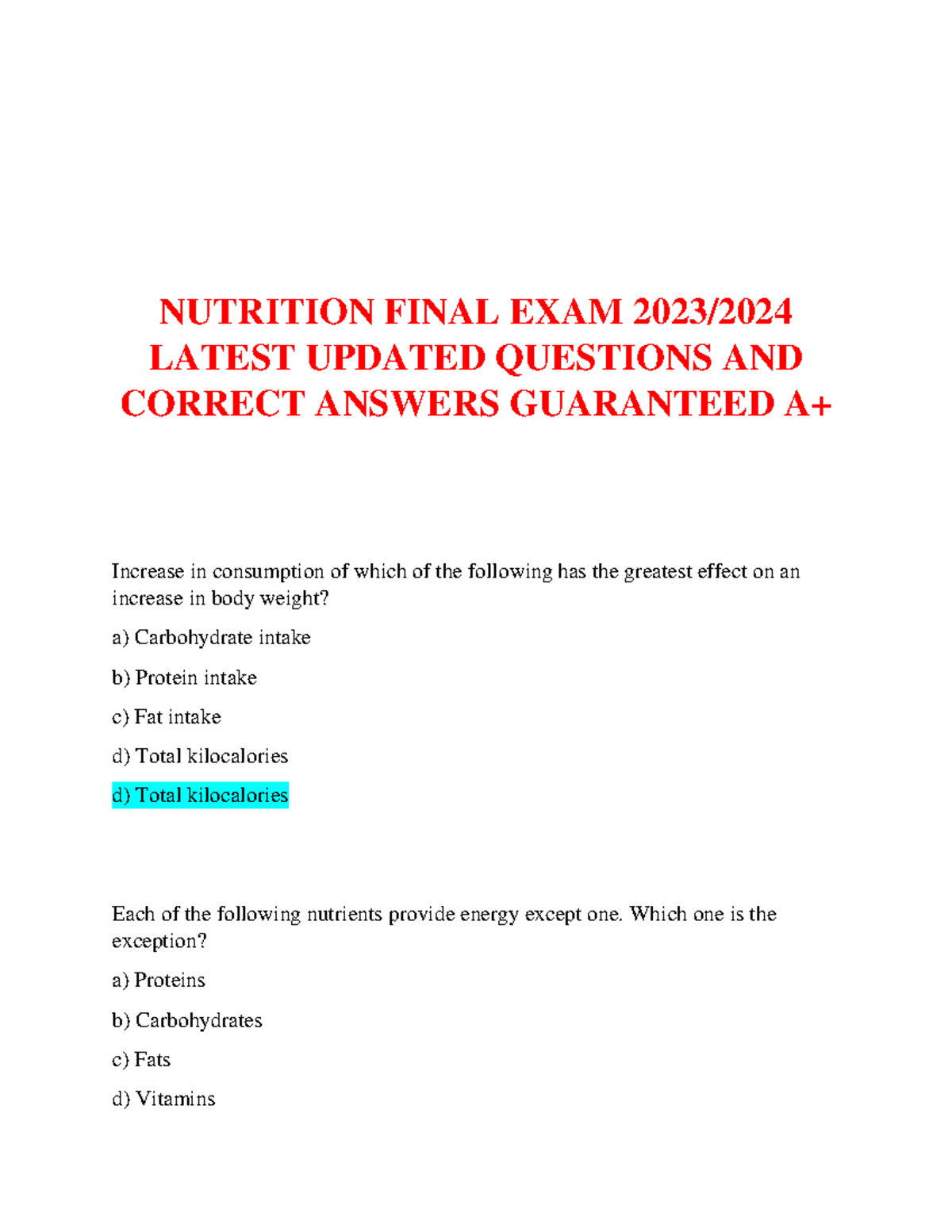 Nutrition Final EXAM 2023 - NUTRITION FINAL EXAM 2023/ LATEST UPDATED ...