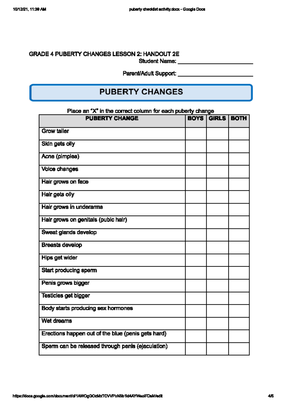 Puberty Checklist - 11:39 AM puberty checklist activity Google Docs ...