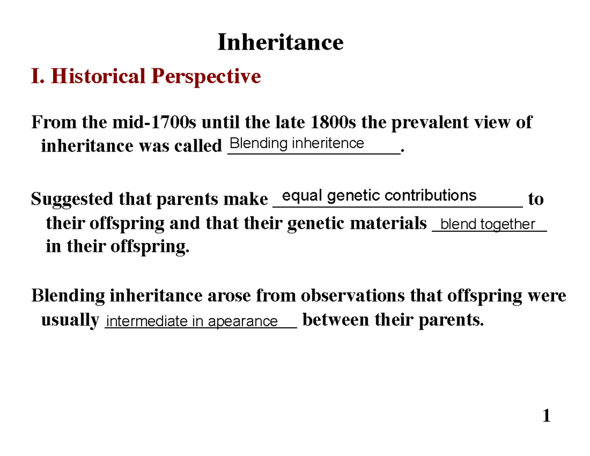 Lecture 1 - Inheritance From the mid-1700s until the late 1800s the prevalent view of ...