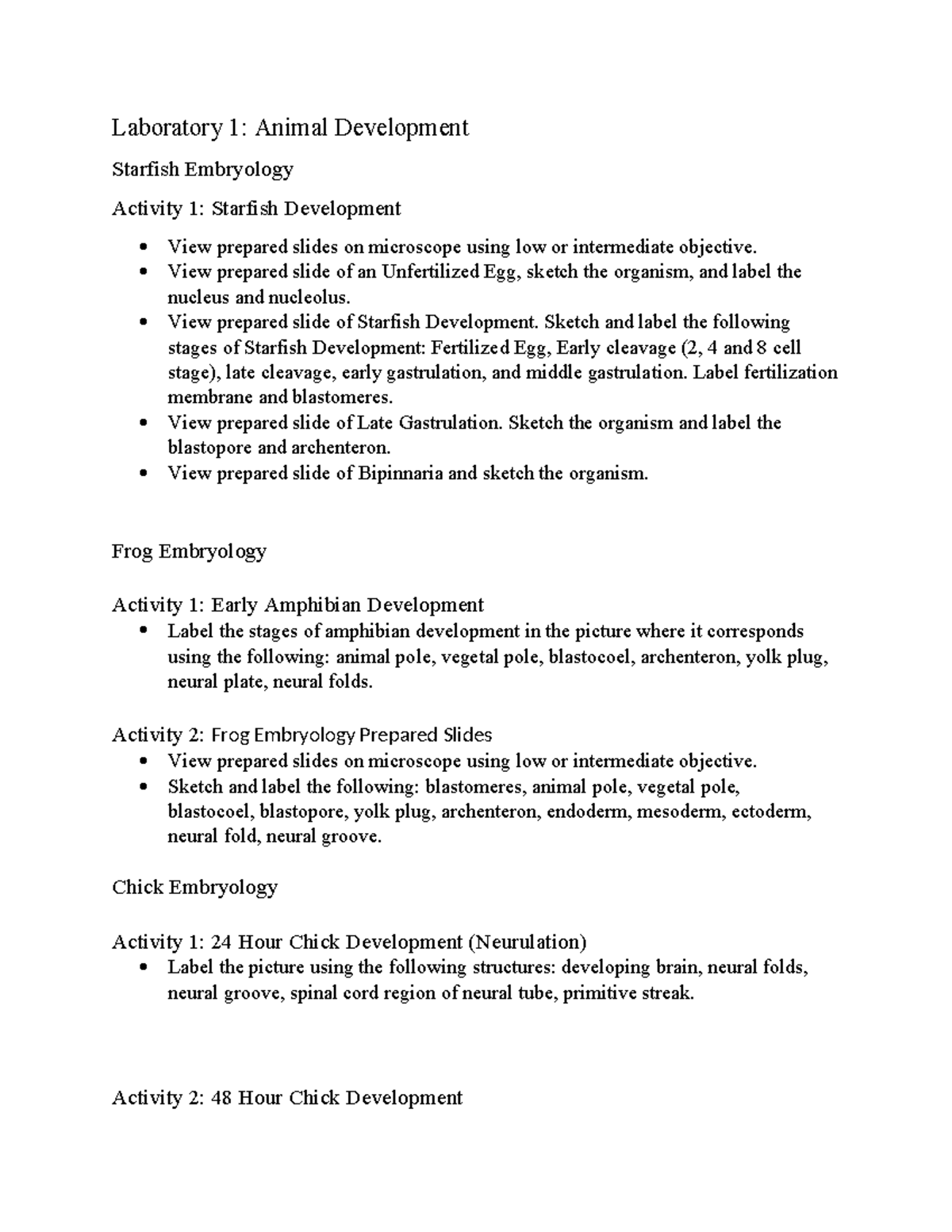 Pre Lab 1- Animal Development - Laboratory 1: Animal Development ...