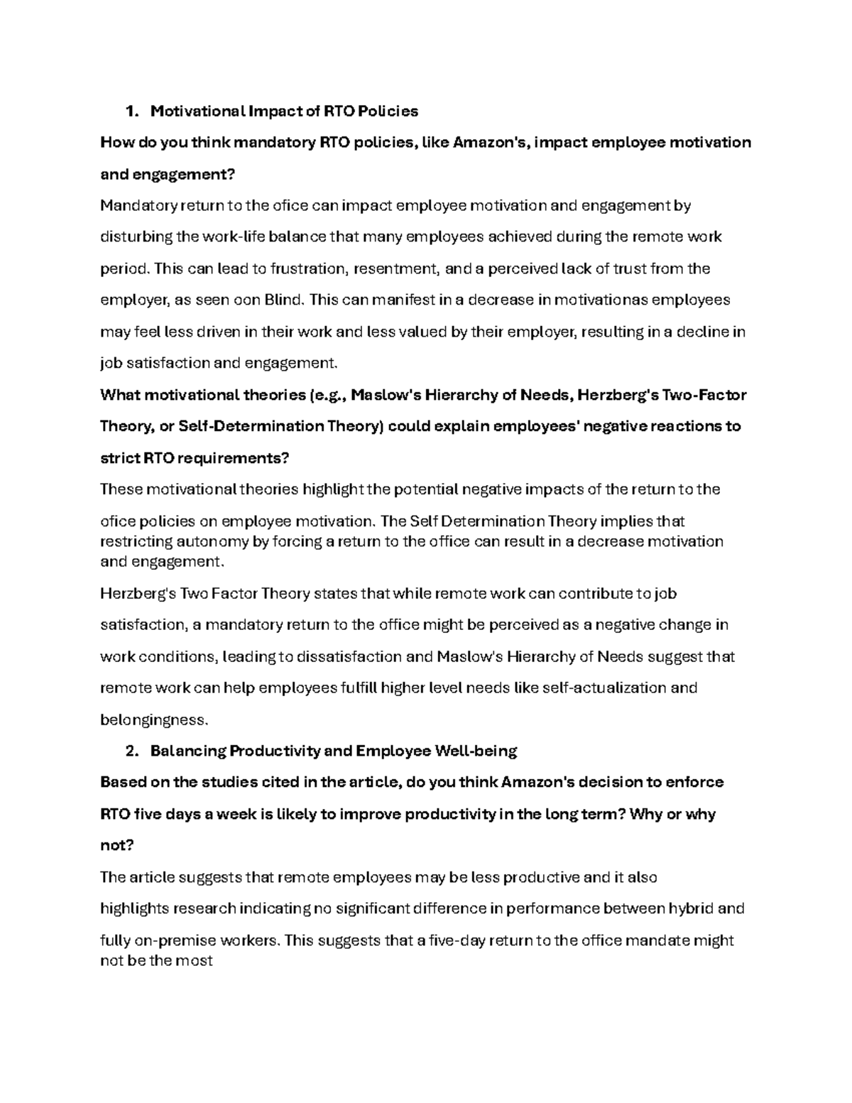 Amazon case - Motivational Impact of RTO Policies How do you think ...