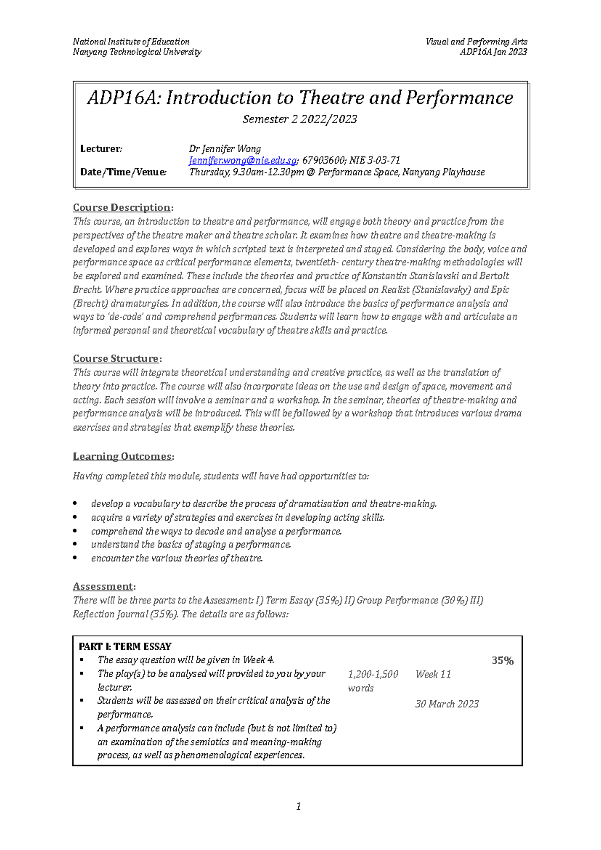 ADP16A Intro Theatre Outline - Nanyang Technological University ADP16A ...