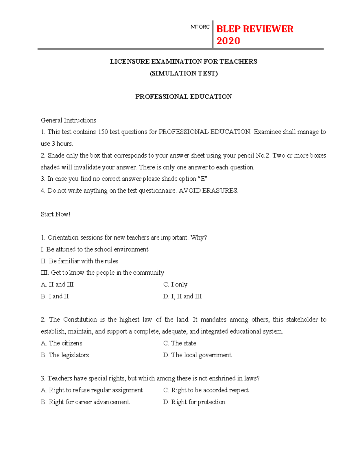 PROF ED Simulation Test 3 - BLEP REVIEWER 2020 LICENSURE EXAMINATION ...
