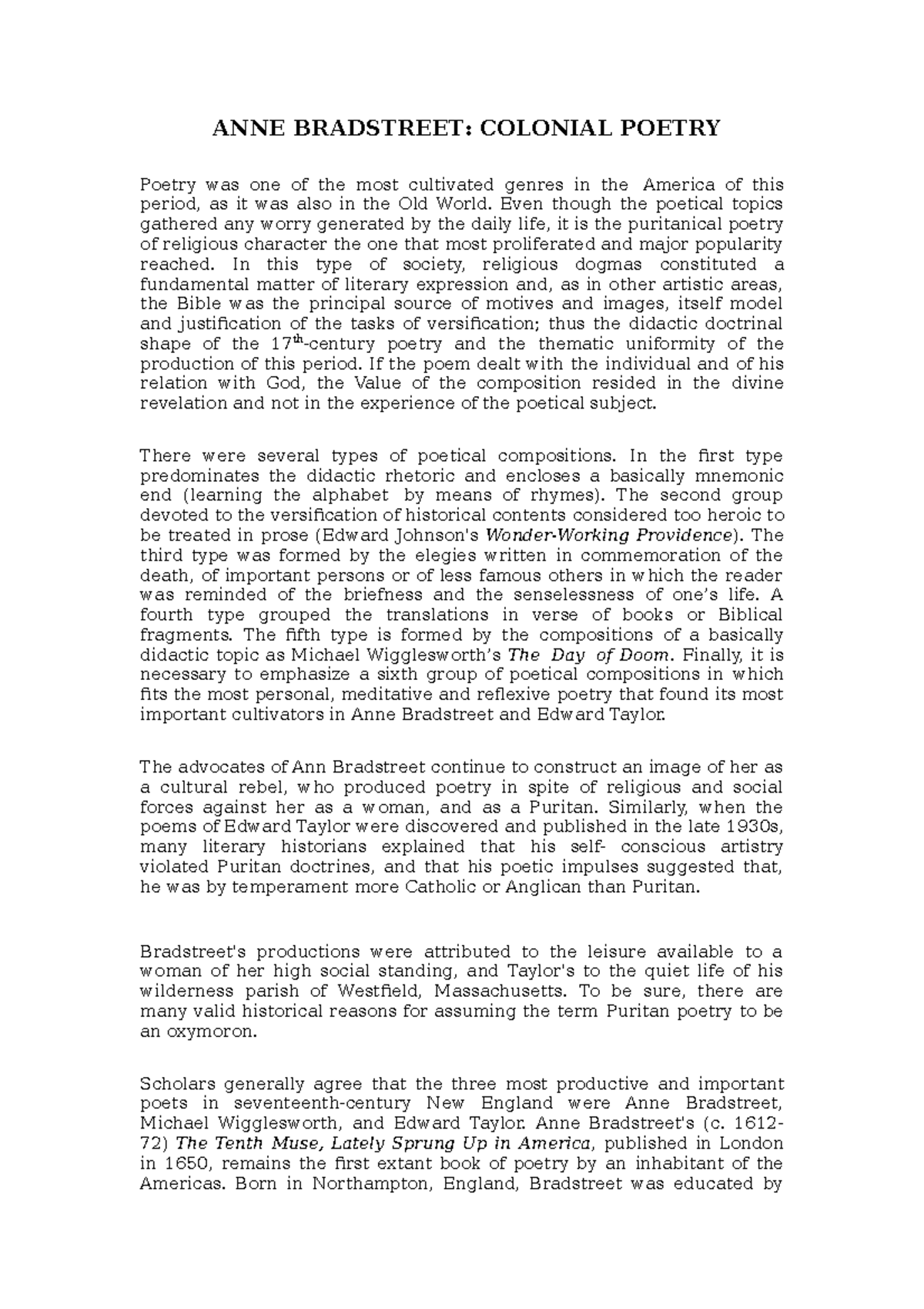 Anne bradstreet teoría - ANNE BRADSTREET: COLONIAL POETRY Poetry was ...