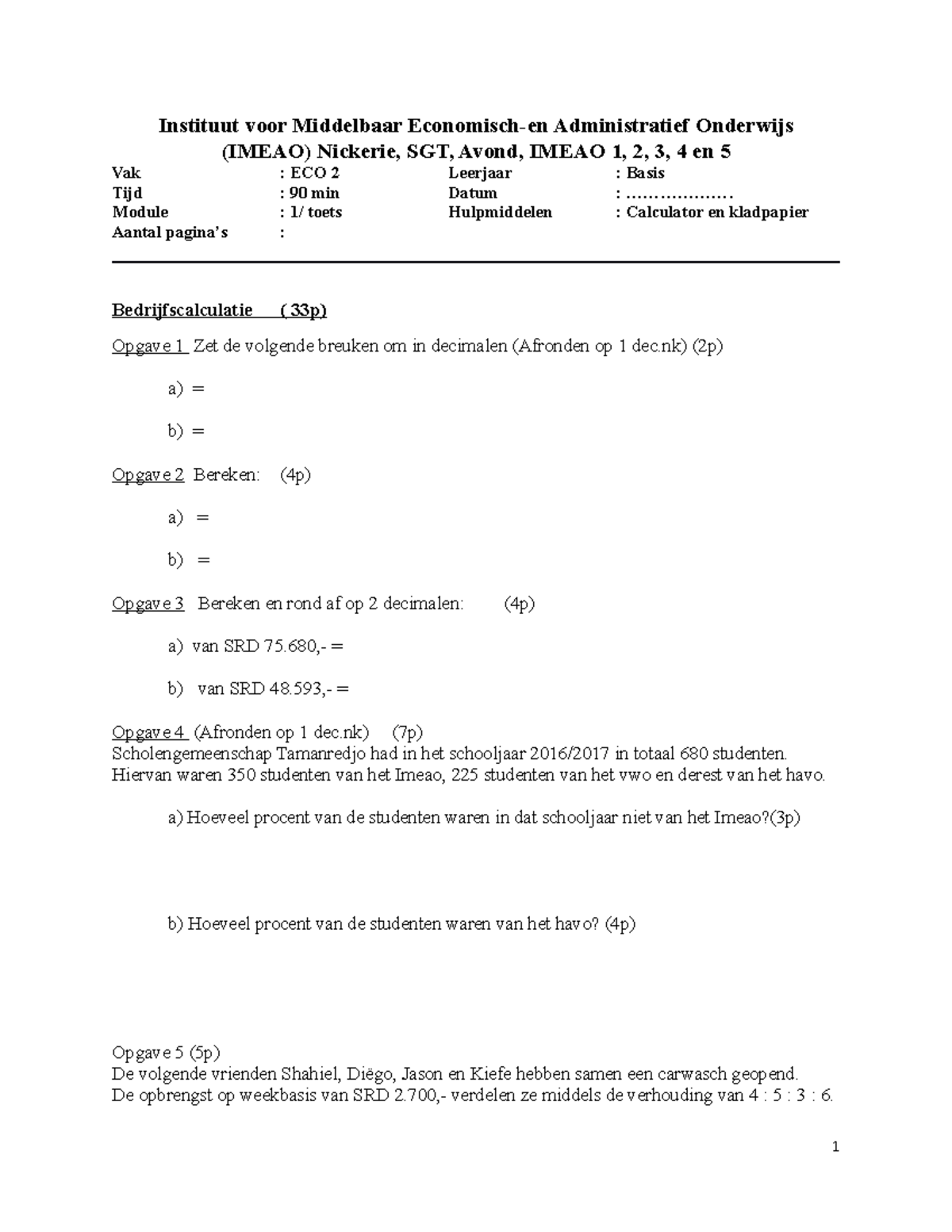 Module 1 eco2 toets 1 - Oefenwerk voor studenten van IMEAO niveua ...