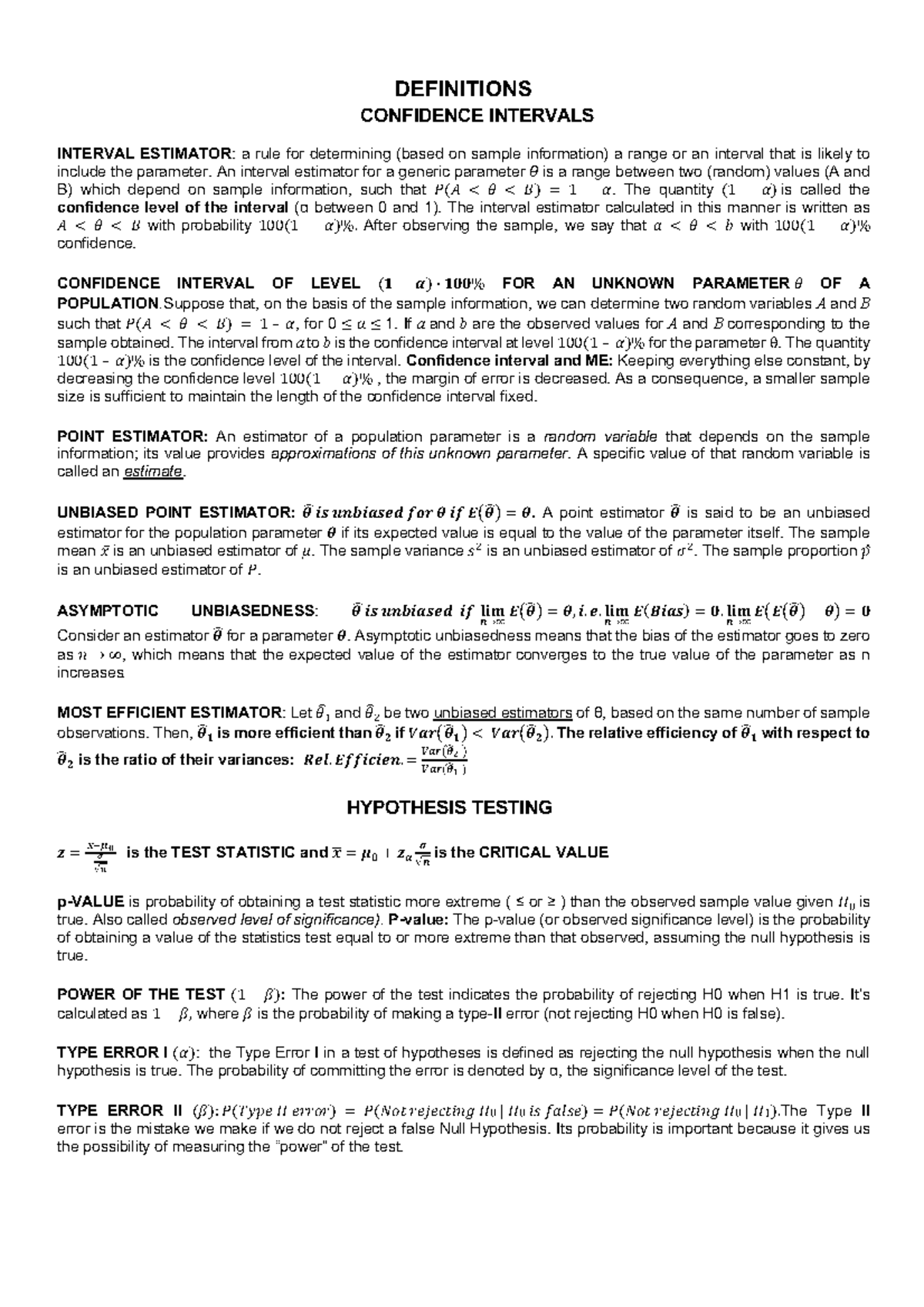 Definitions and main concepts of Statistics - DEFINITIONS CONFIDENCE ...
