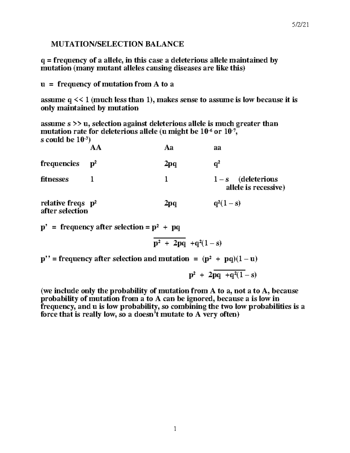 Mutation-selection 2017 - 5/14/19 MUTATION/SELECTION BALANCE q ...