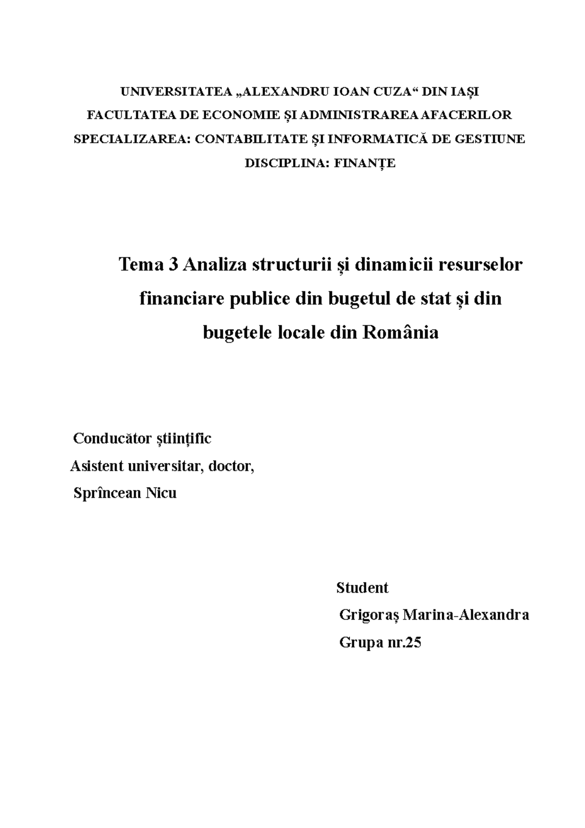 Proiect finante - UNIVERSITATEA „ALEXANDRU IOAN CUZA“ DIN IAȘI ...