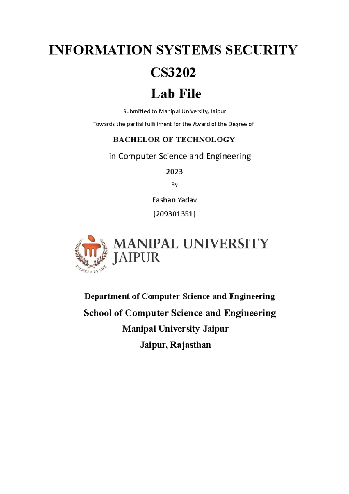 CS2321 Kanav Sharma ISS Lab File - INFORMATION SYSTEMS SECURITY CS Lab File Submitted to Manipal ...