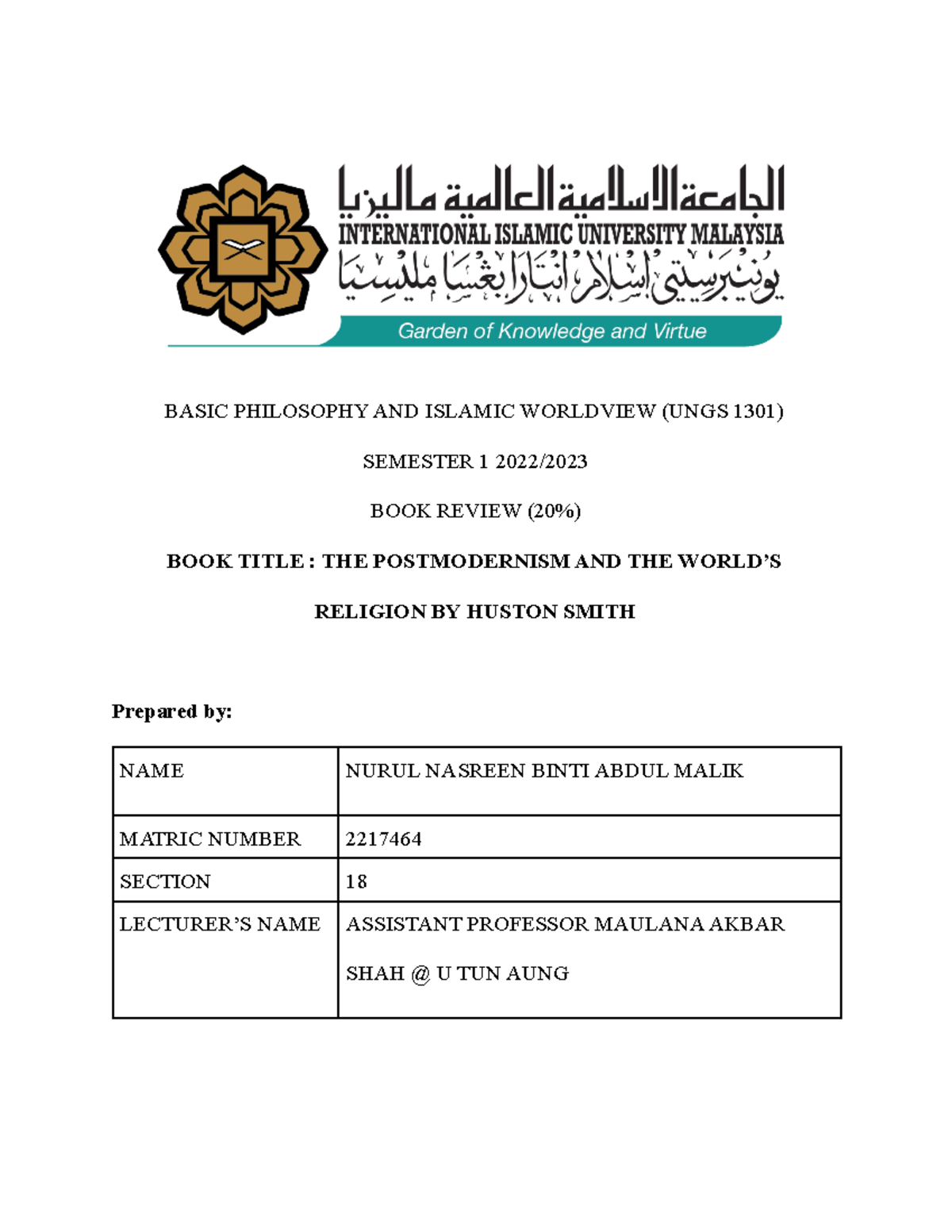 book review UNGS - BASIC PHILOSOPHY AND ISLAMIC WORLDVIEW (UNGS 1301 ...