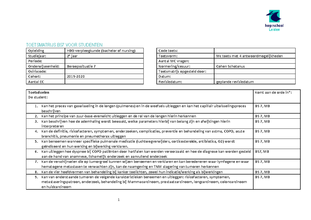Toetsmatrijs BS7 student - 1 TOETSMATRIJS BS7 VOOR STUDENTEN Opleiding ...