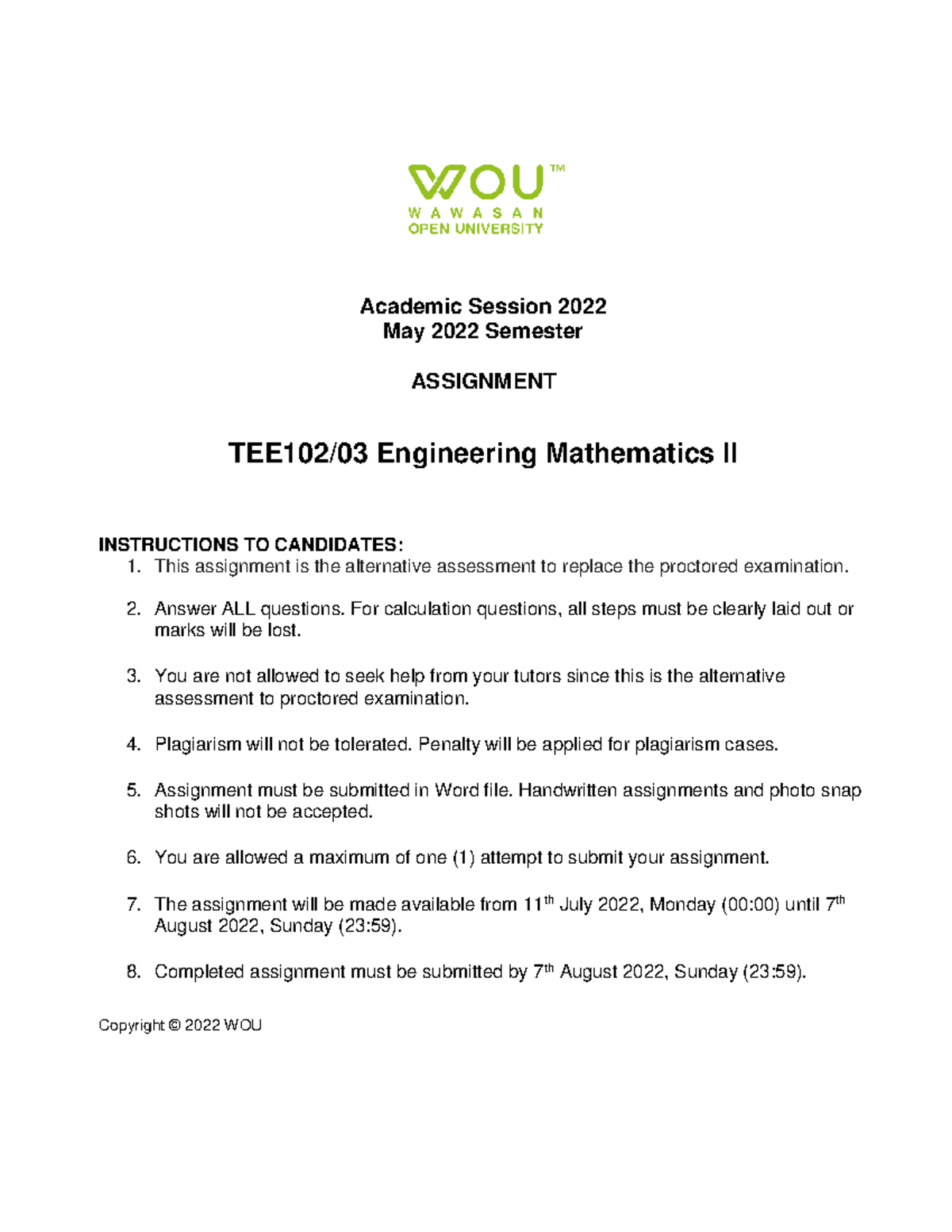 Final Assignment TEE10203 Engineering Math II May 2022 Due Date 7August ...