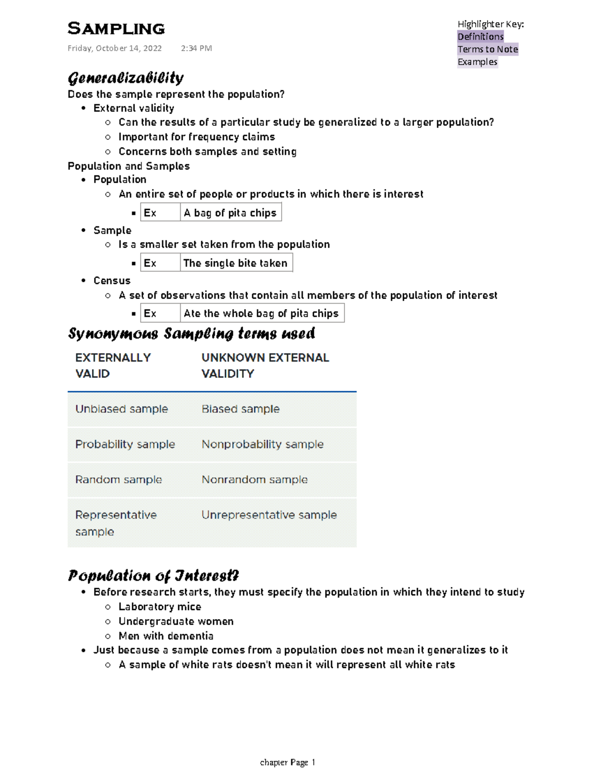 Chapter - taught by Dr. V - Highlighter Key: Definitions Terms to Note Examples Generalizability ...