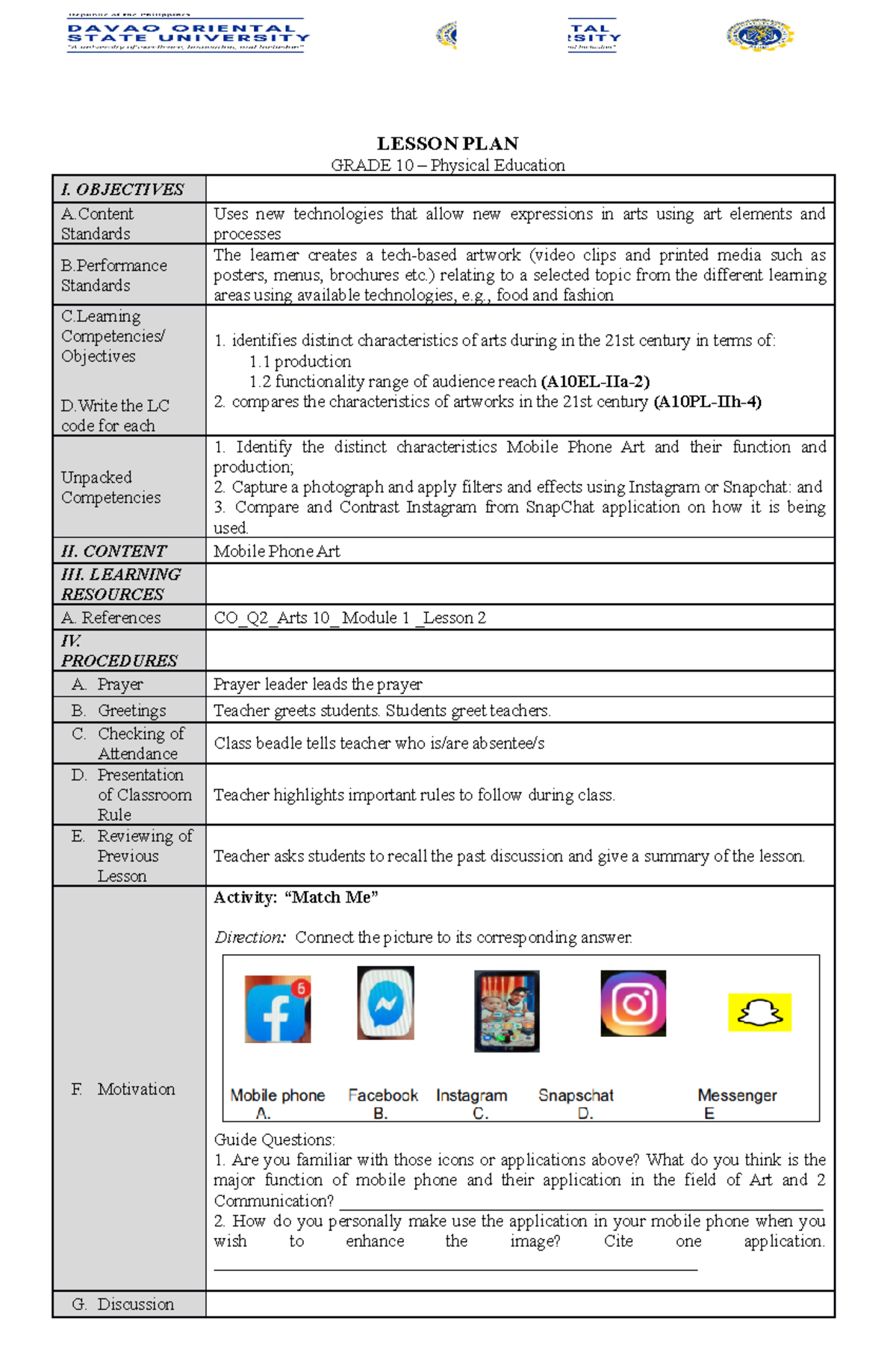 FS LP 5 - Lesson Plan - LESSON PLAN GRADE 10 – Physical Education I ...