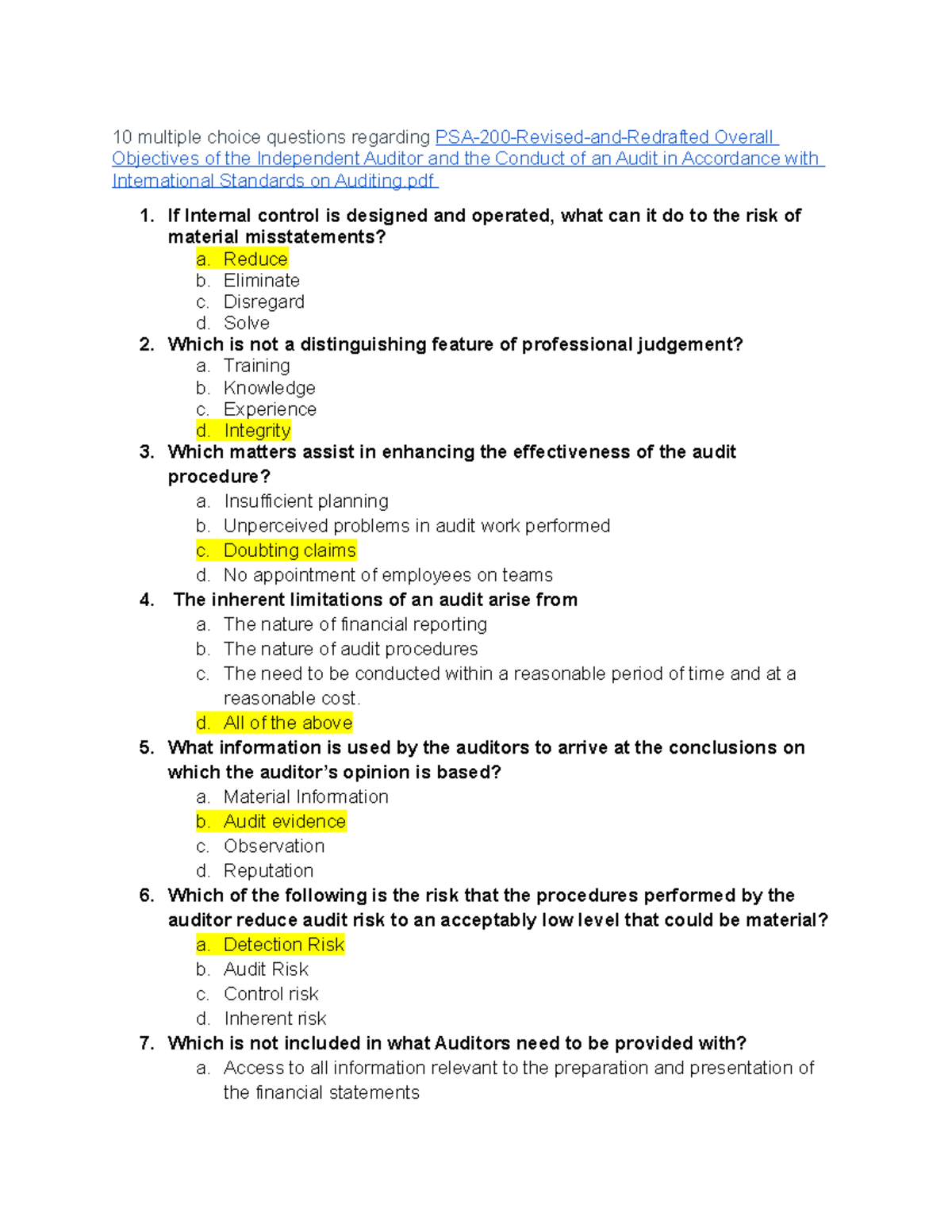 PSA200 10 sample questions - 10 multiple choice questions regarding PSA ...