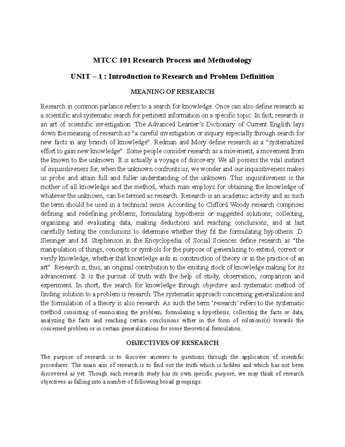 Unit 1 of RM - Lecture notes 1 - MTCC 101 Research Process and ...