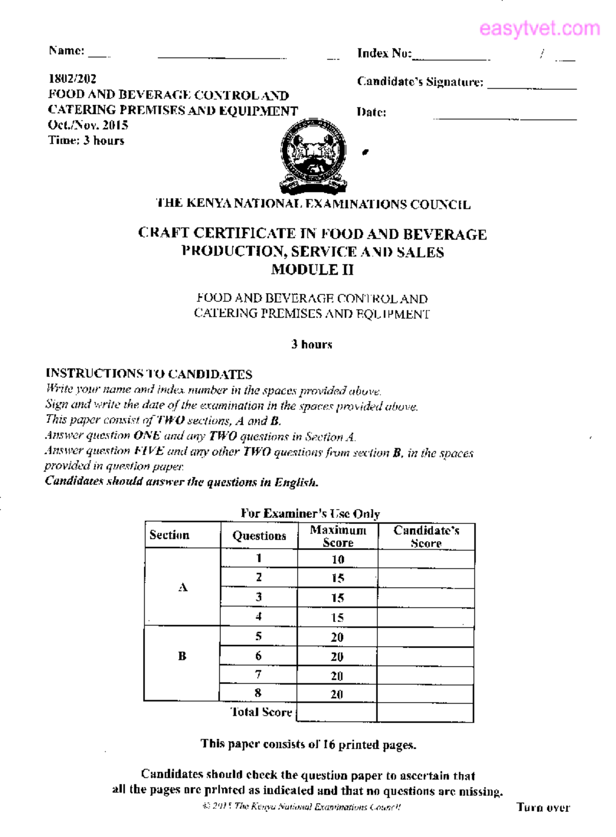 control module 2 knec exam - Hospitality Management - Studocu