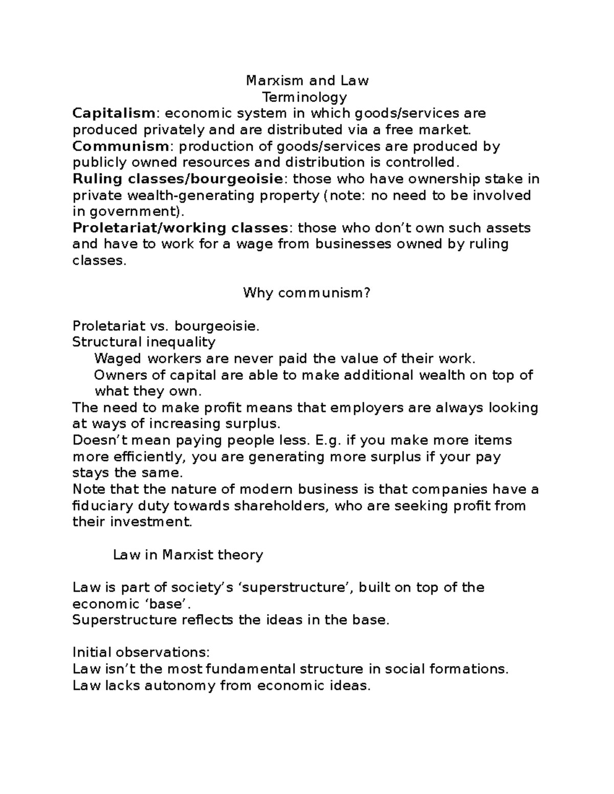Marxism and Law lecture 3 - Marxism and Law Terminology Capitalism ...