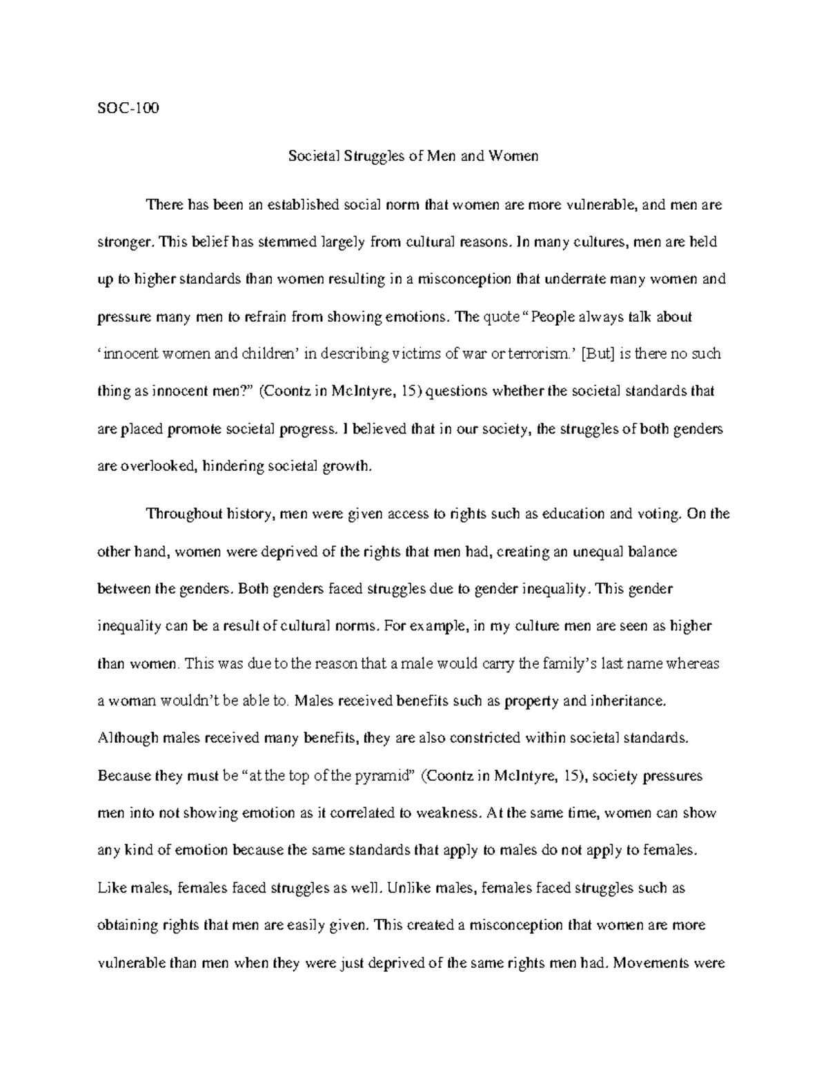 Reflection Paper #1 - SOC- Societal Struggles of Men and Women There ...