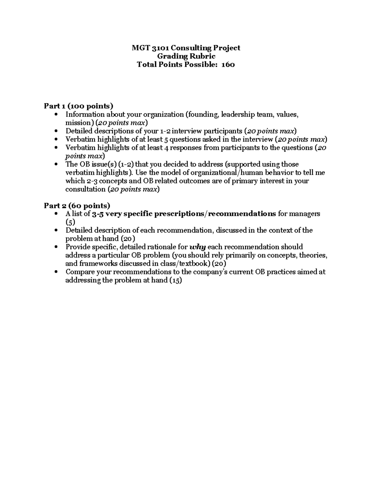 OB Consulting Project - Grading Rubric - MGT 3101 Consulting Project ...