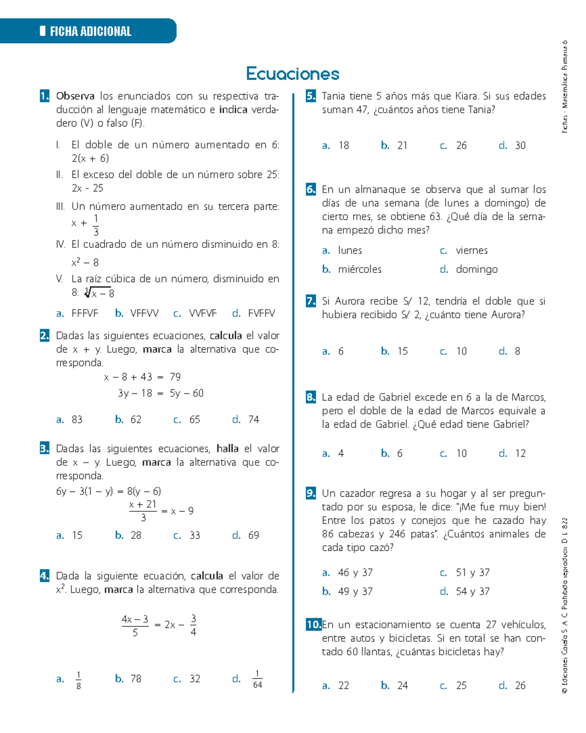 FA Ecuaciones - PRACTICA - Fichas - Matemática Primaria 6 © Ediciones Corefo S. A. C. Prohibido ...