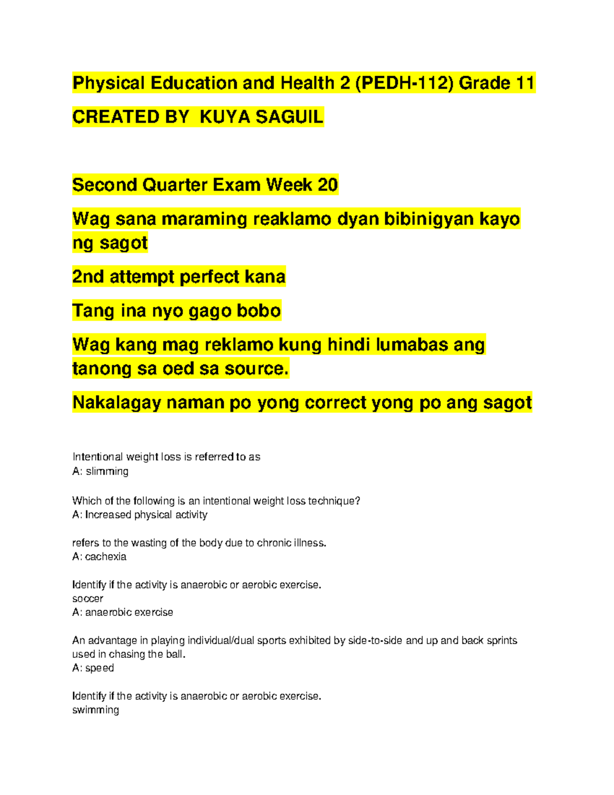 Pdfcoffee - Physical Educ answers - Physical Education and Health 2 (PEDH-112) Grade 11 CREATED ...