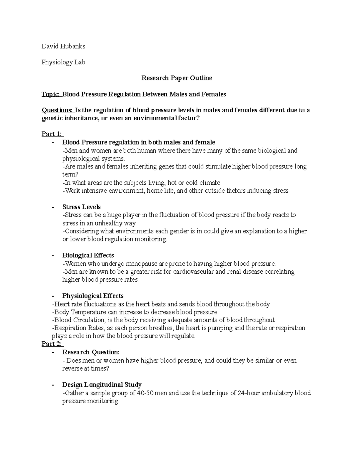 Physiology Lab Research Outline - David Hubanks Physiology Lab Research ...