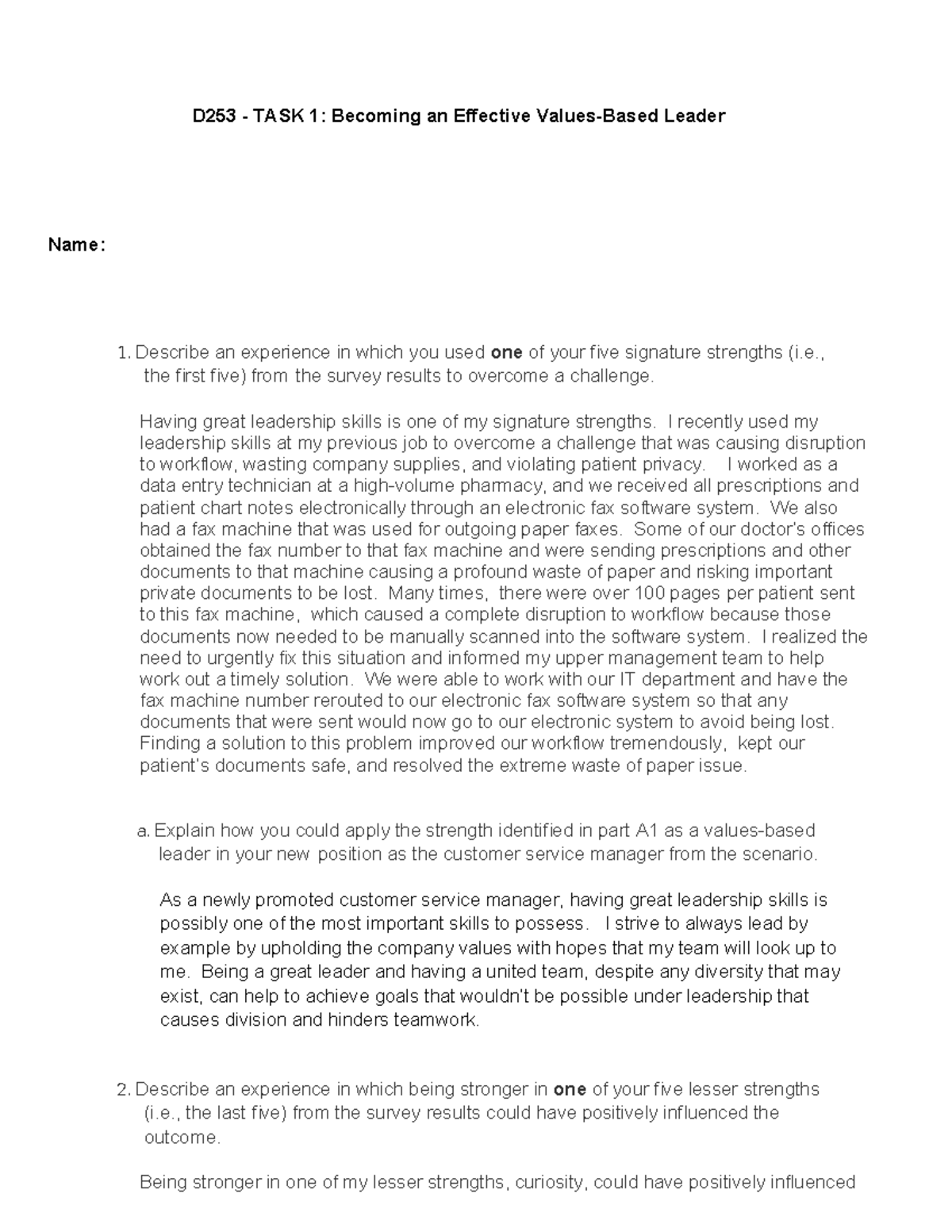 D253 Task 1 Passed - D253 - TASK 1: Becoming an Effective Values-Based ...