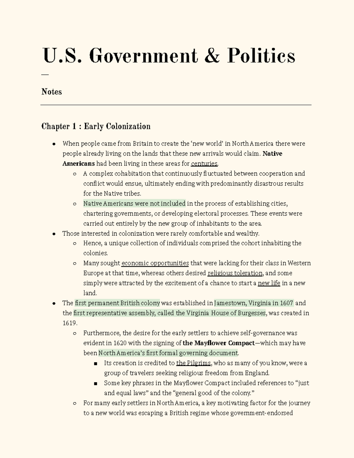 Class notes - U. Government & Politics ___ Notes Chapter 1 : Early ...