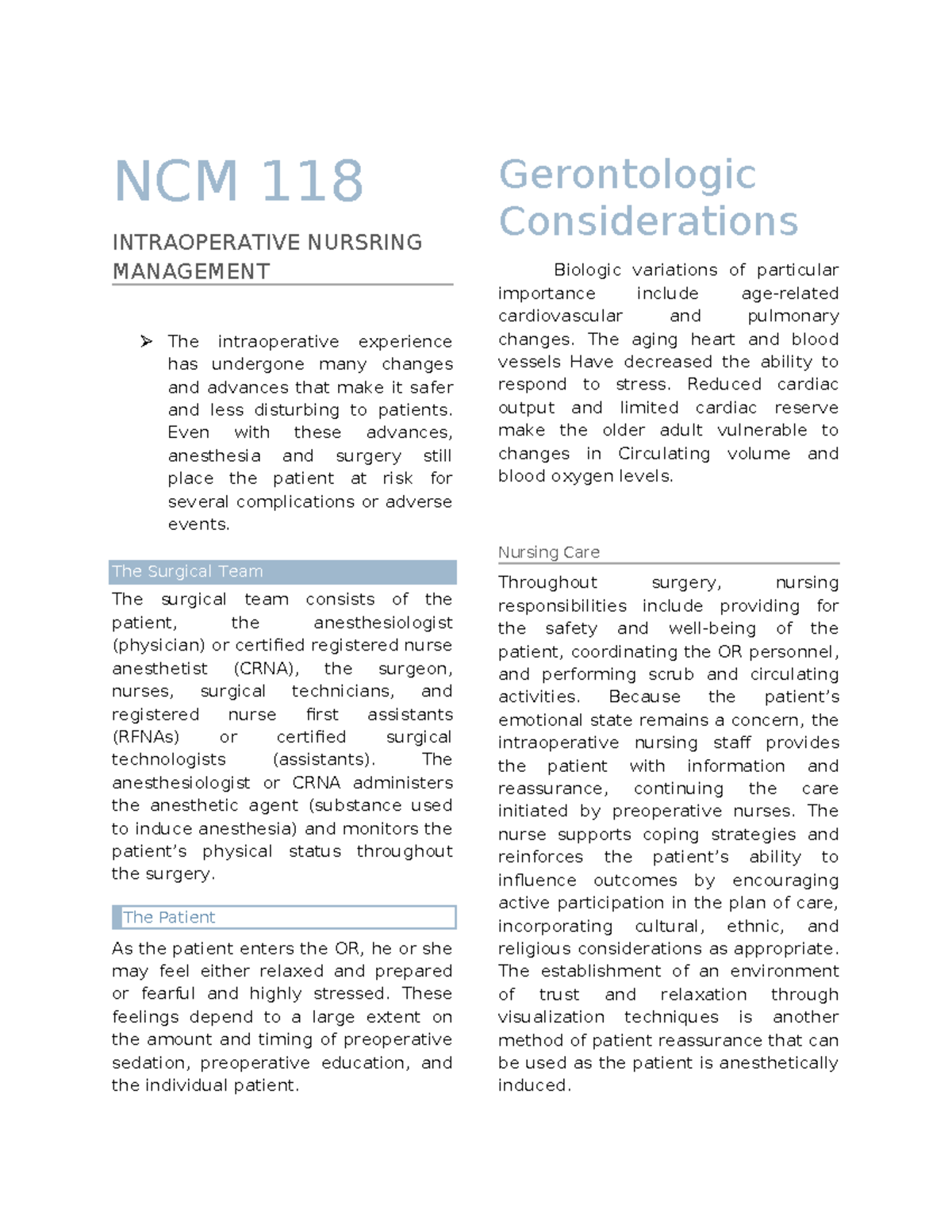 NCM 118 intraoperative nursing management - NCM 118 INTRAOPERATIVE ...