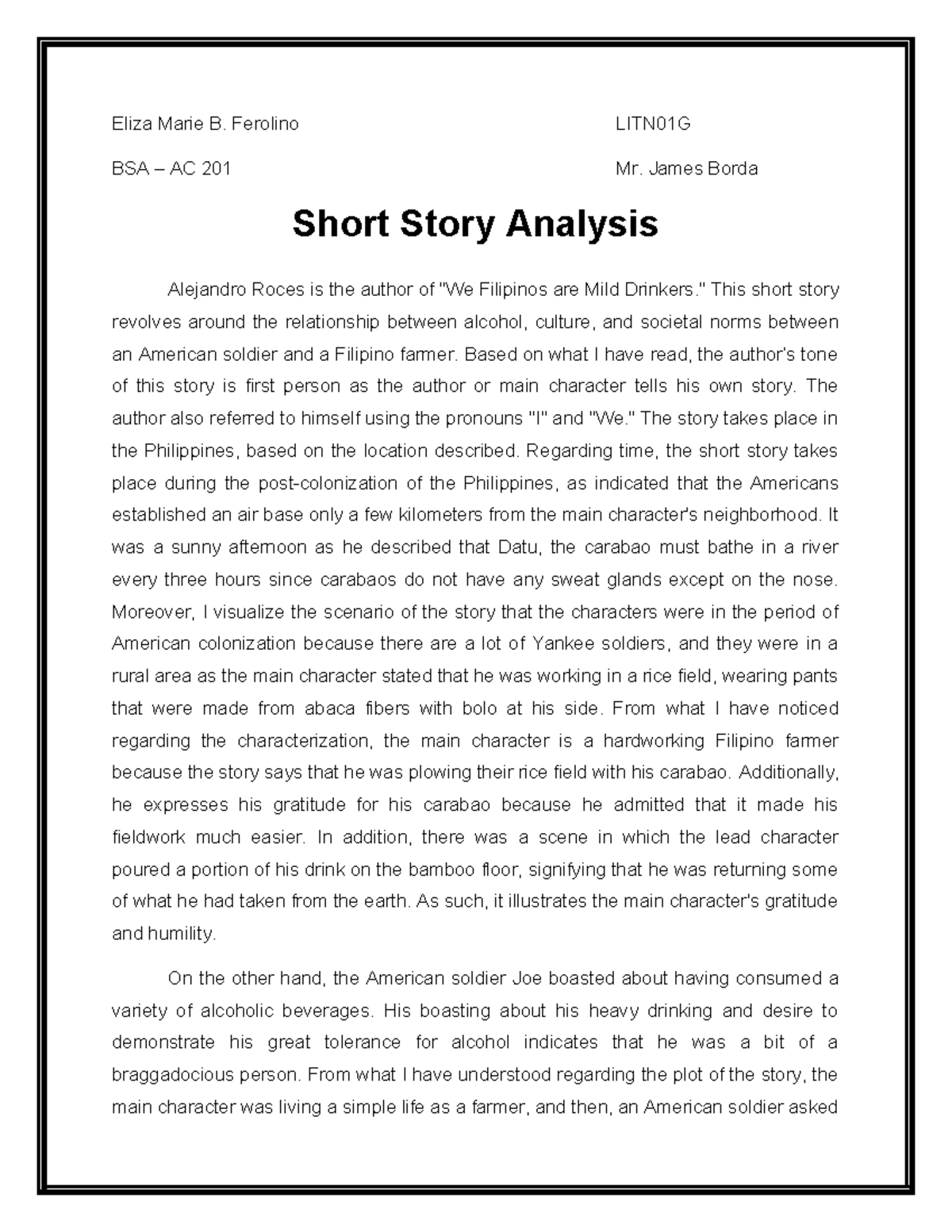 We Filipinos are Mild Drinkers - Eliza Marie B. Ferolino LITN01G BSA ...