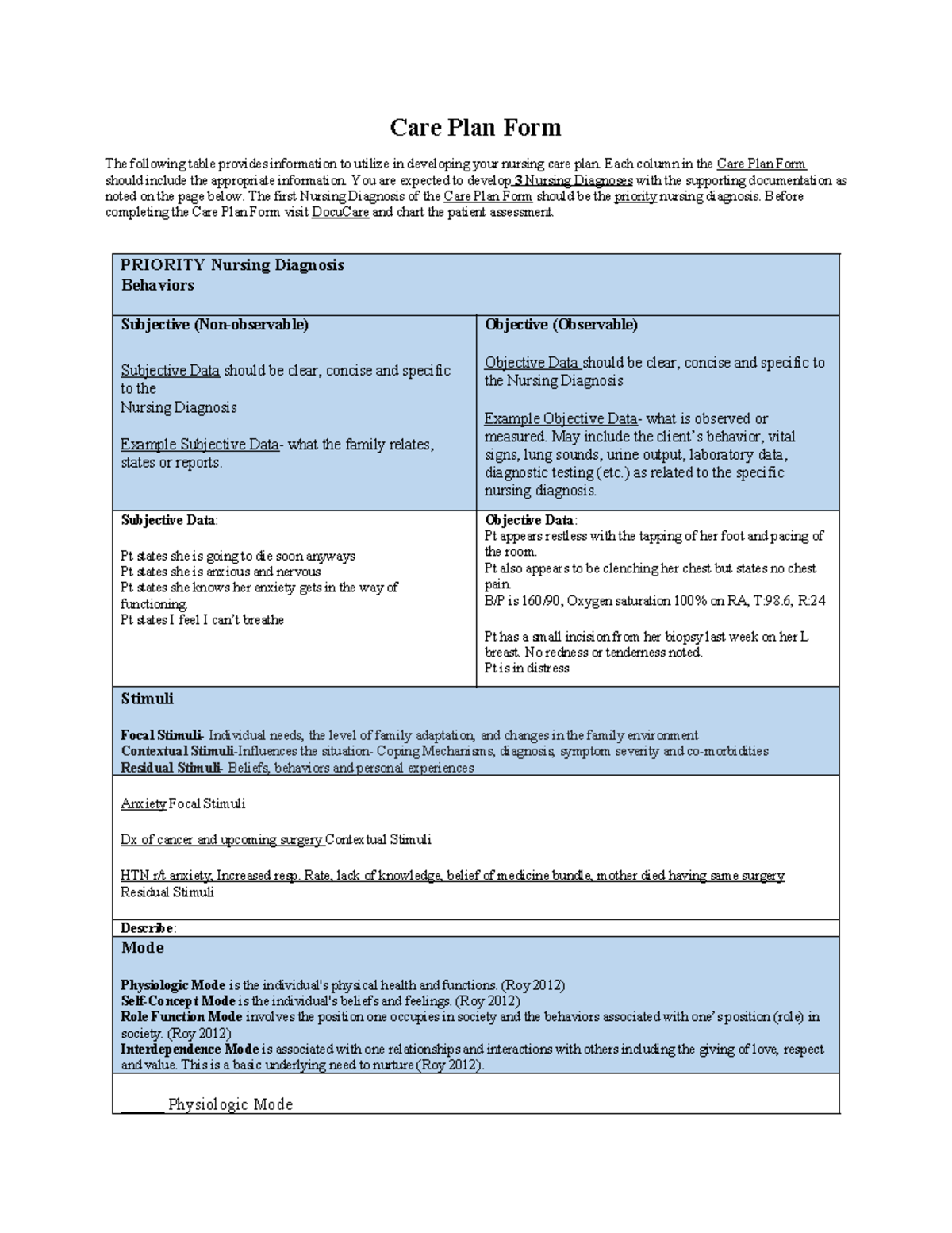 Care plan for practicum - Care Plan Form The following table provides ...