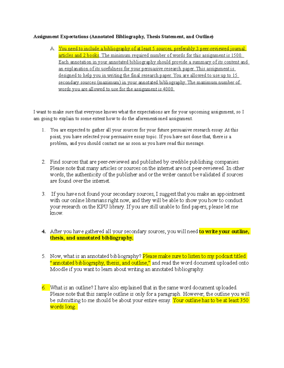 Assignment Expectations (Outline, annotated Bibliography, Thesis ...