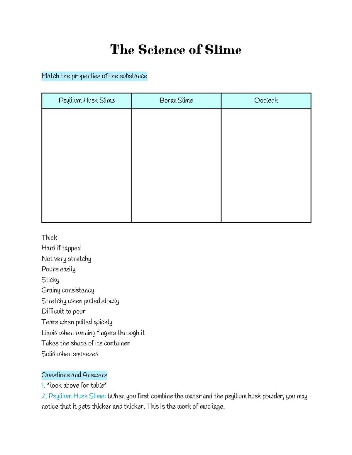 year 8 science notes science of slime - The Science of Slime Match the ...