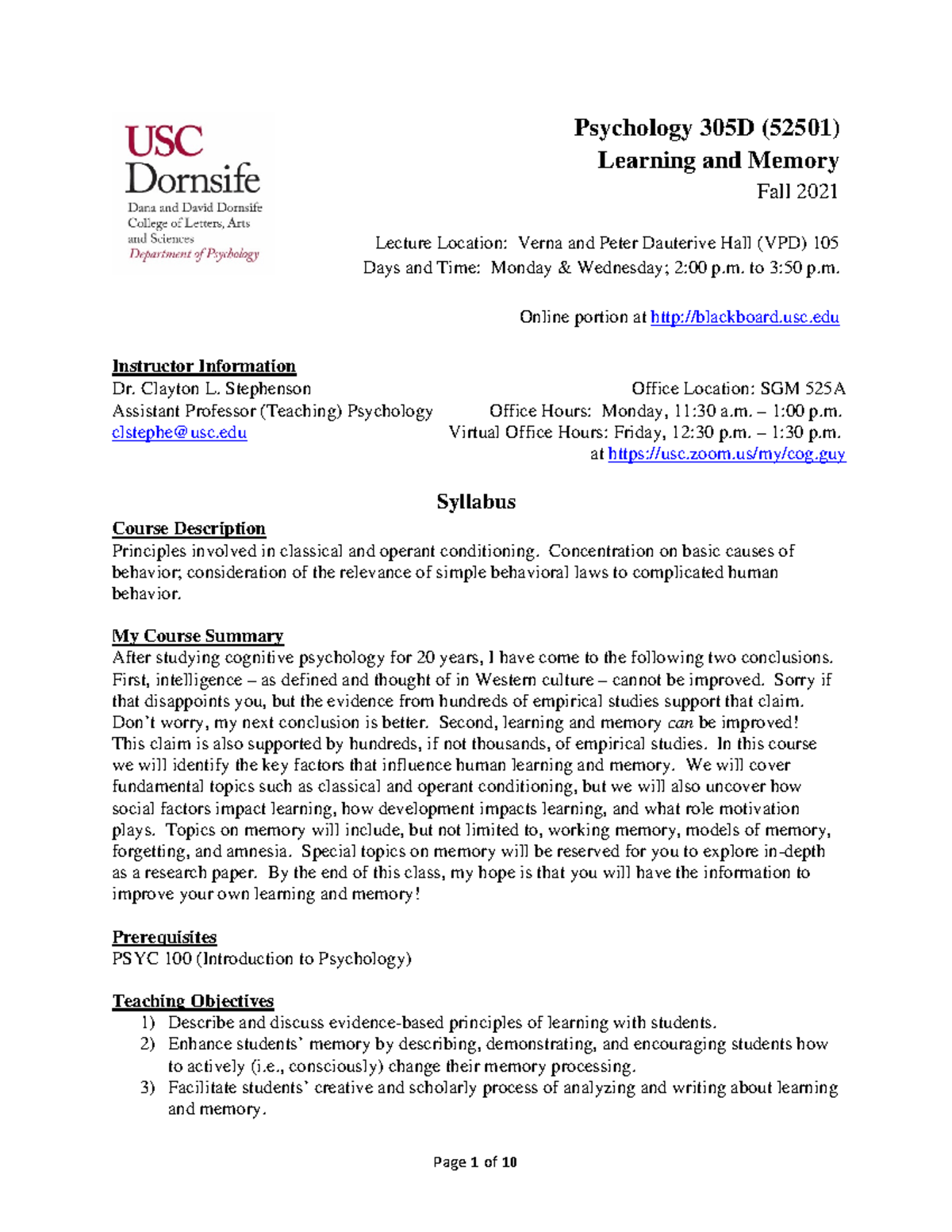 PSYC 305 D - Syllabus - Psychology 305D (52501) Learning and Memory ...