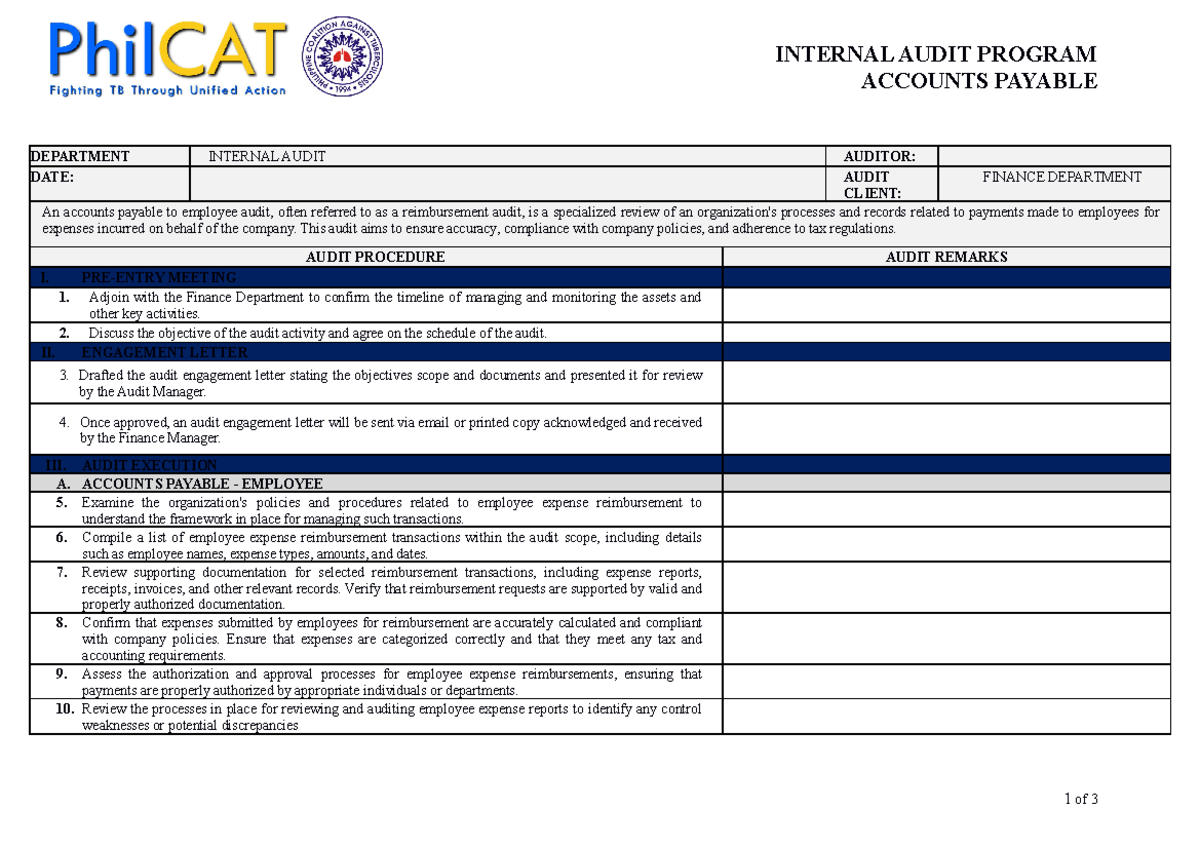 Accounts Payable Program - INTERNAL AUDIT PROGRAM ACCOUNTS PAYABLE ...