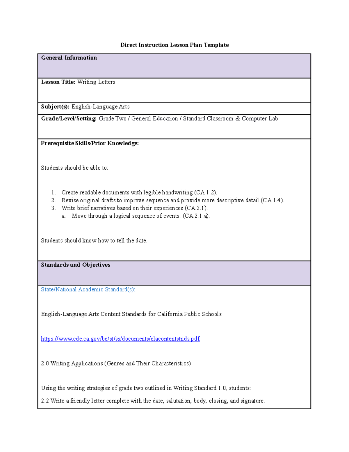 ELA Lesson Plan unused - Direct Instruction Lesson Plan Template ...
