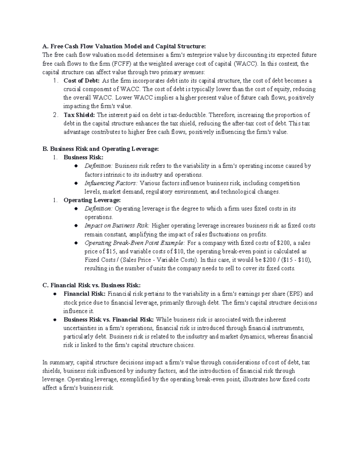FIN650 Mini Case 6 - A. Free Cash Flow Valuation Model and Capital ...