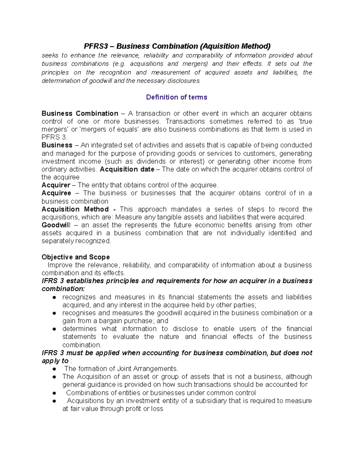 PFRS 3 Reviewer- DONE - PFRS3 – Business Combination (Aquisition Method ...