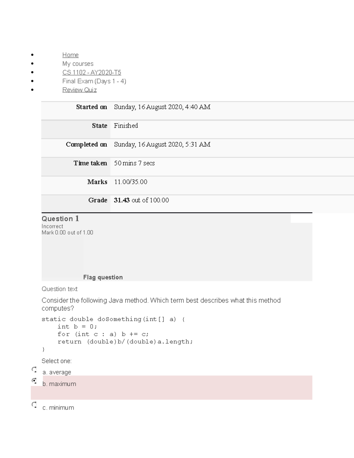 CS1102 Review Quiz 2 - Home My courses CS 1102 - AY2020-T Final Exam (Days 1 - 4) Review - Studocu